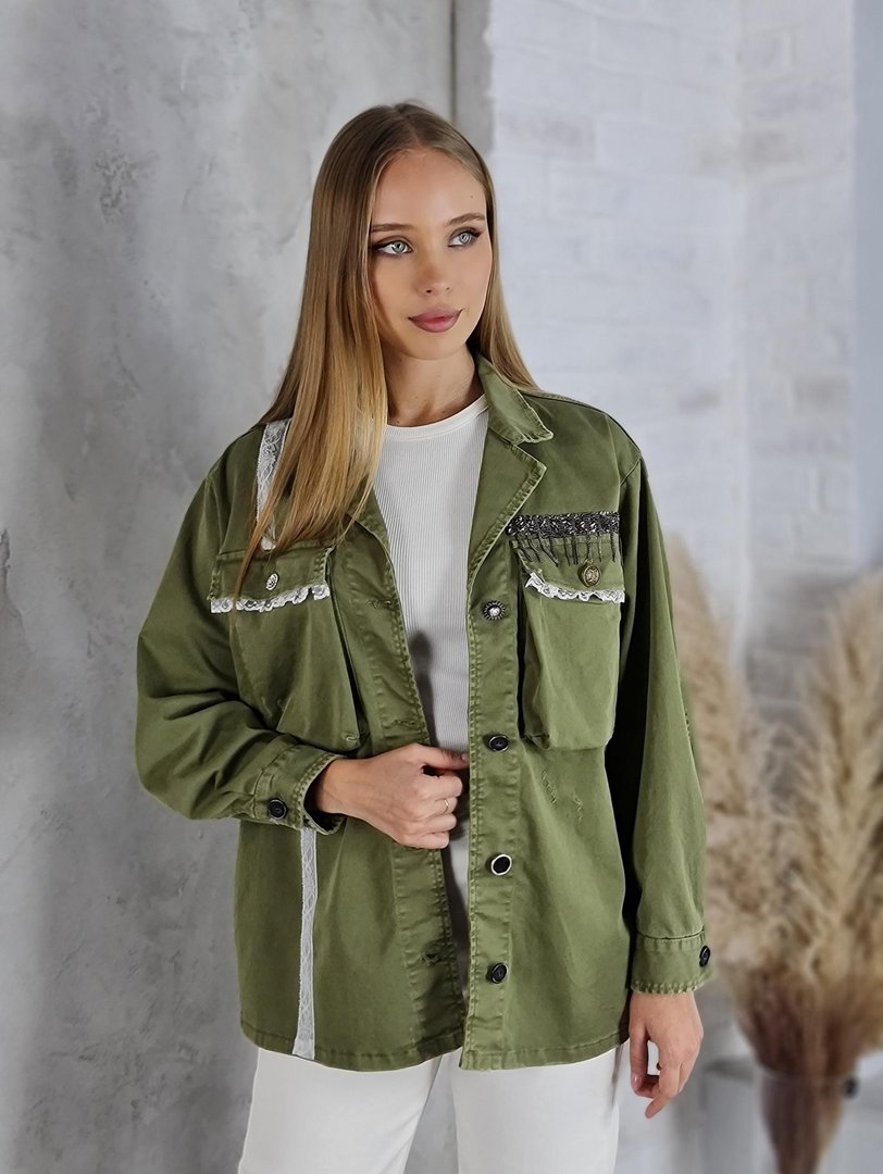 Куртка-рубашка хаки с декором Please купить в интернет-магазине ...